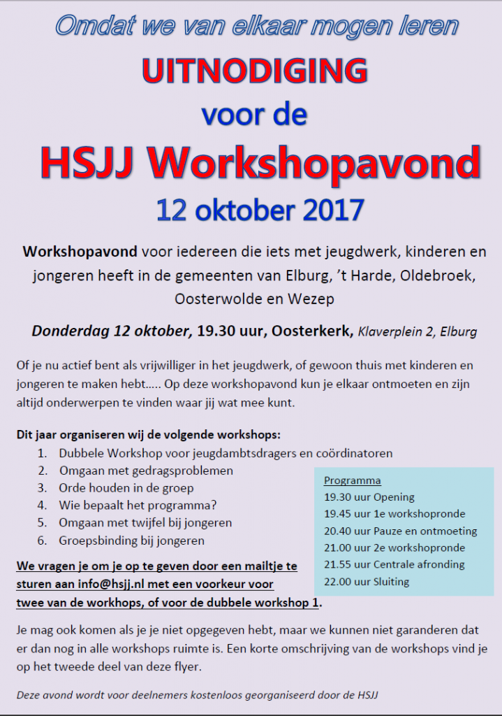 HSJJ workshopavond, 12 okt. 2017 – Hervormde Gemeente Elburg